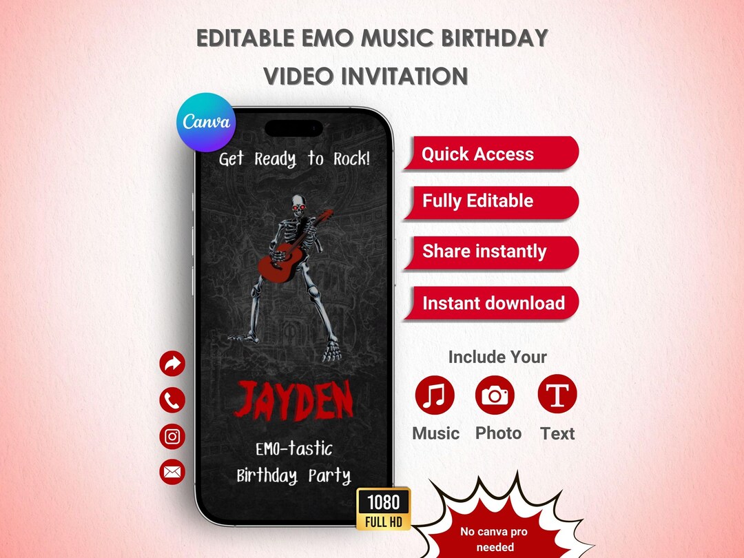 EMO Music Invite | Canva Template | Instant Download | Pastel Birthday ...