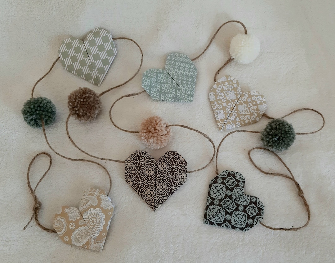 Sage Green Garland, Pom Poms, Origami Hearts, Handmade Bunting, 200 Cm ...