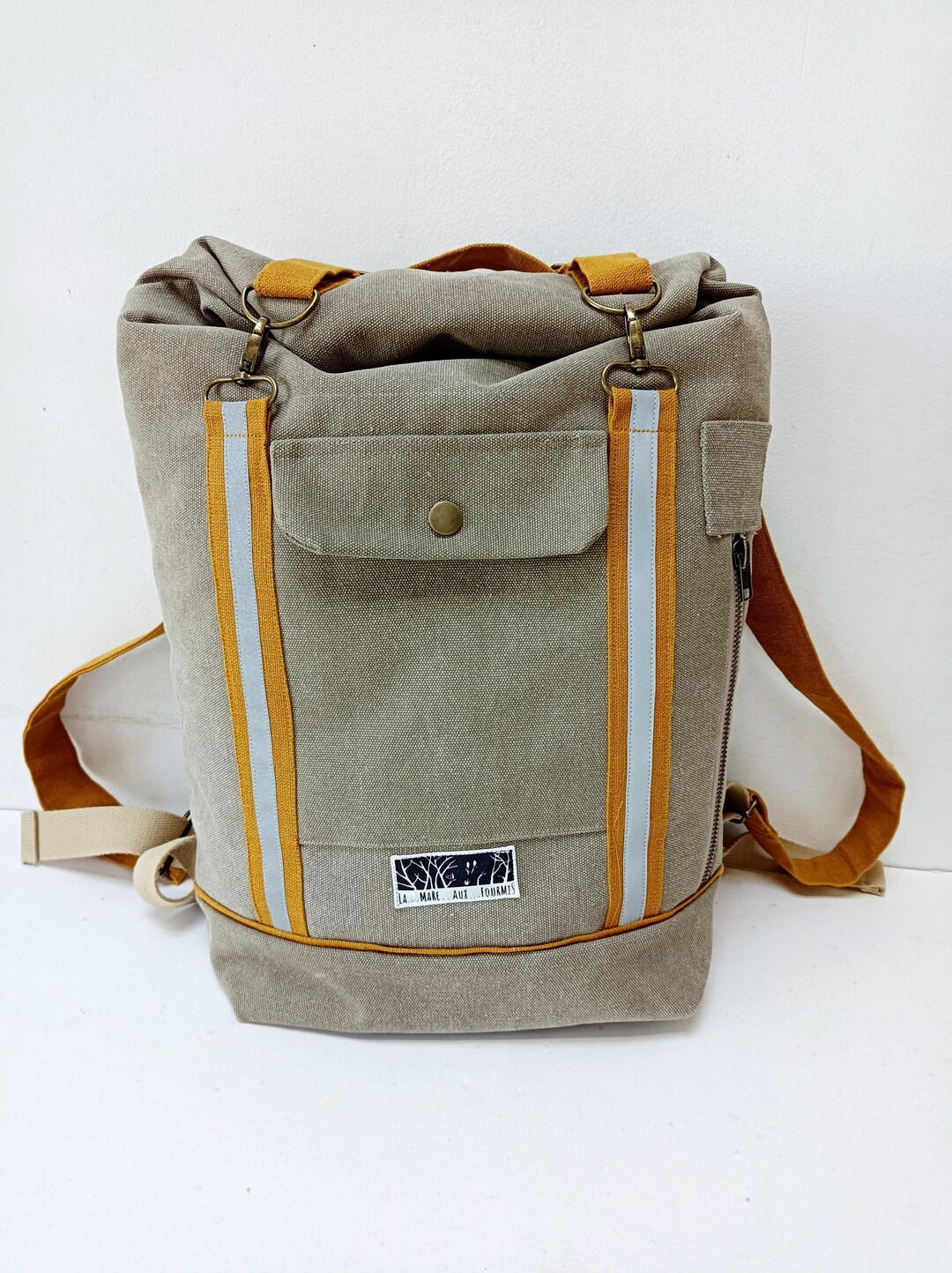 Courier Backpack in Beige Cayman Canvas and Mustard Linen-computer and ...