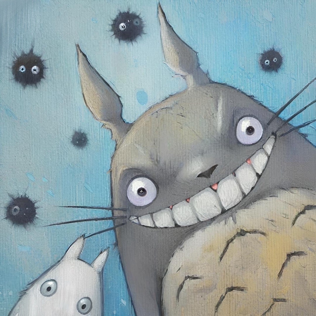 Super Happy/creepy Totoro, Original Digital Painting, Nursery Art, 8x8 ...