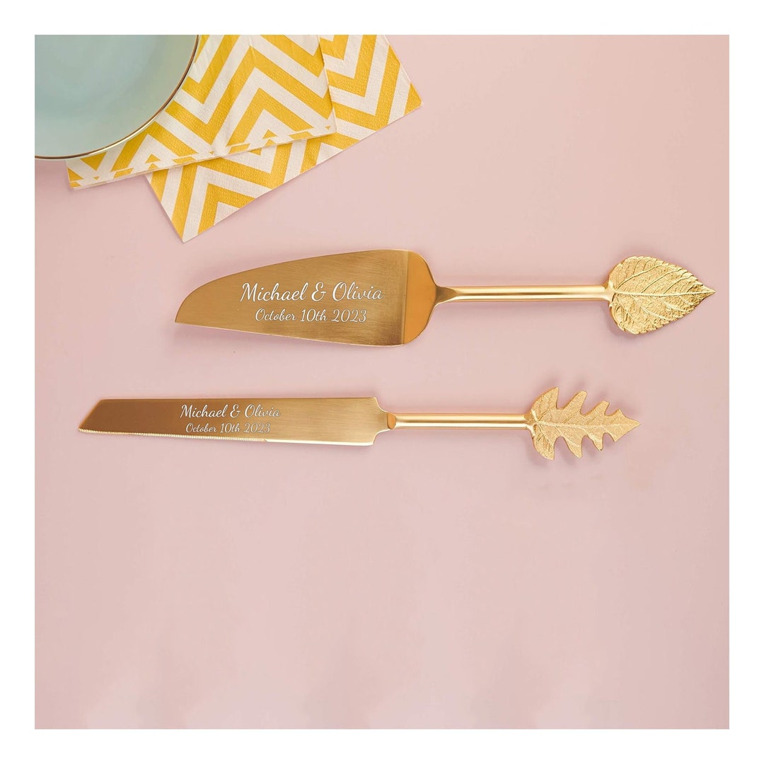 Personalized Wedding CAKE CUTTING SET Gold Leaf Silver Cutter Knife ...