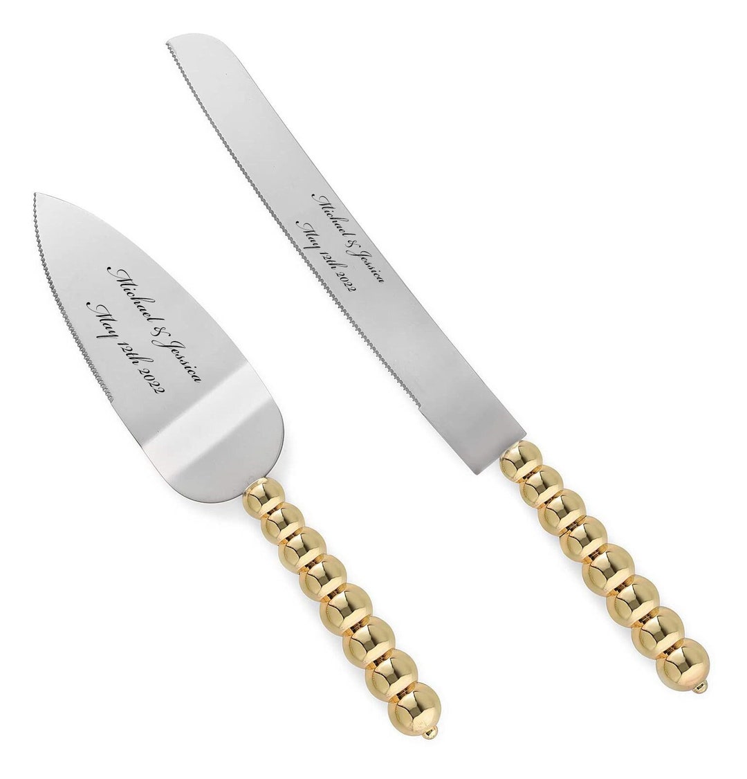 Personalized Wedding CAKE CUTTING SET Gold Beaded Serving Cutter Server ...