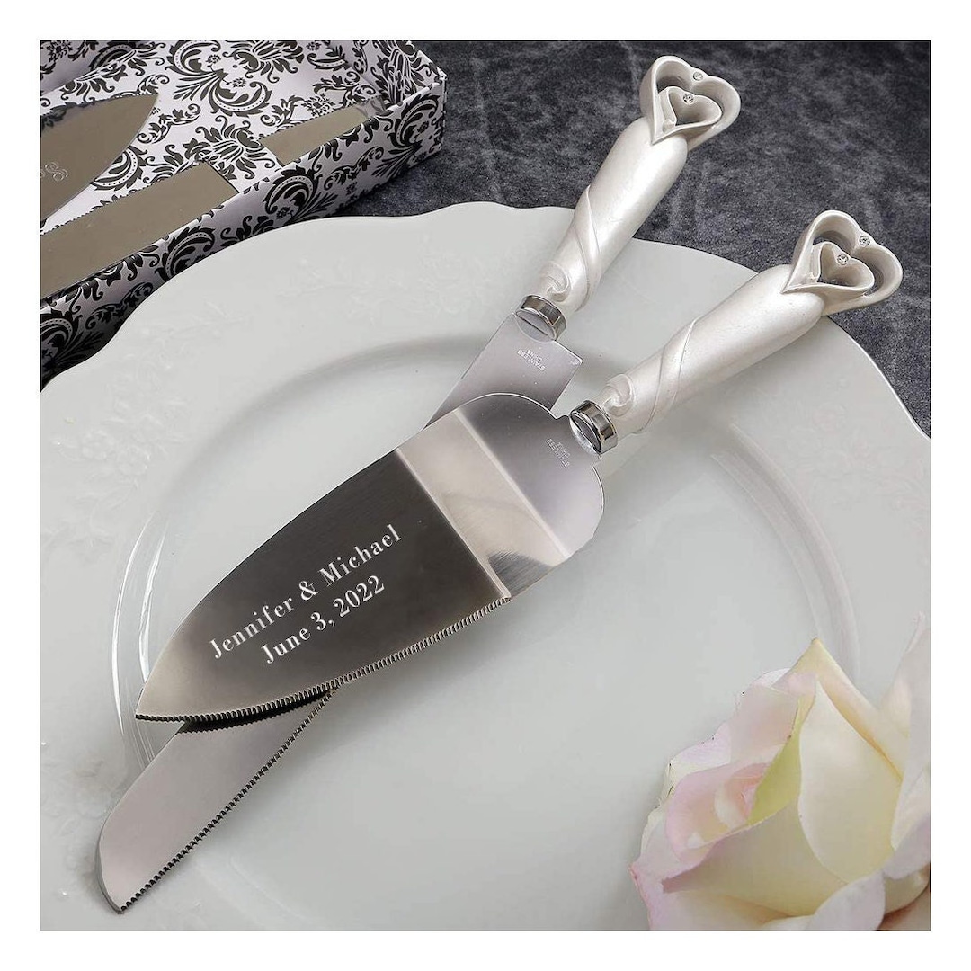 Personalized Wedding CAKE CUTTING SET Silver Heart Serving Cutter Knife ...