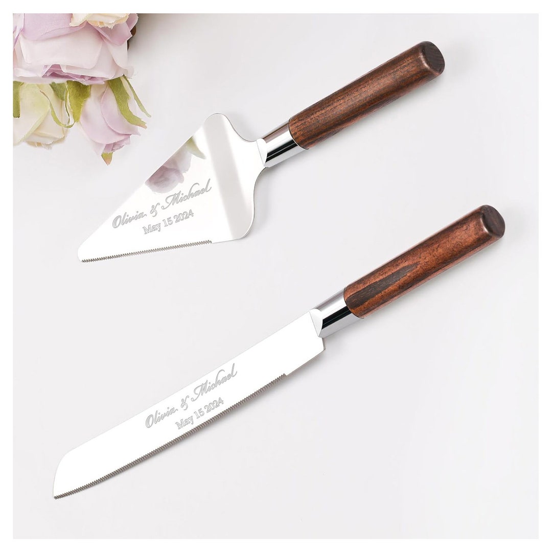 Personalized Wedding CAKE CUTTING SET Walnut Wood Cutter Knife Serving ...