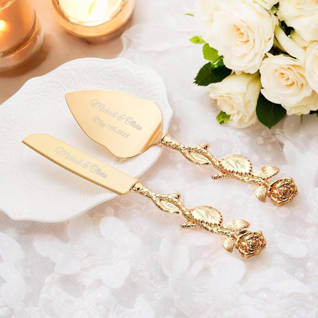 Personalized Wedding CAKE CUTTING SET Gold Rose Garden Minimalist ...