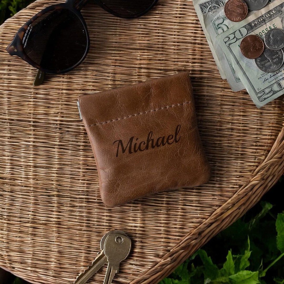 Personalized LEATHER COIN POUCH Squeeze Purse Case Wallet Change Key ...