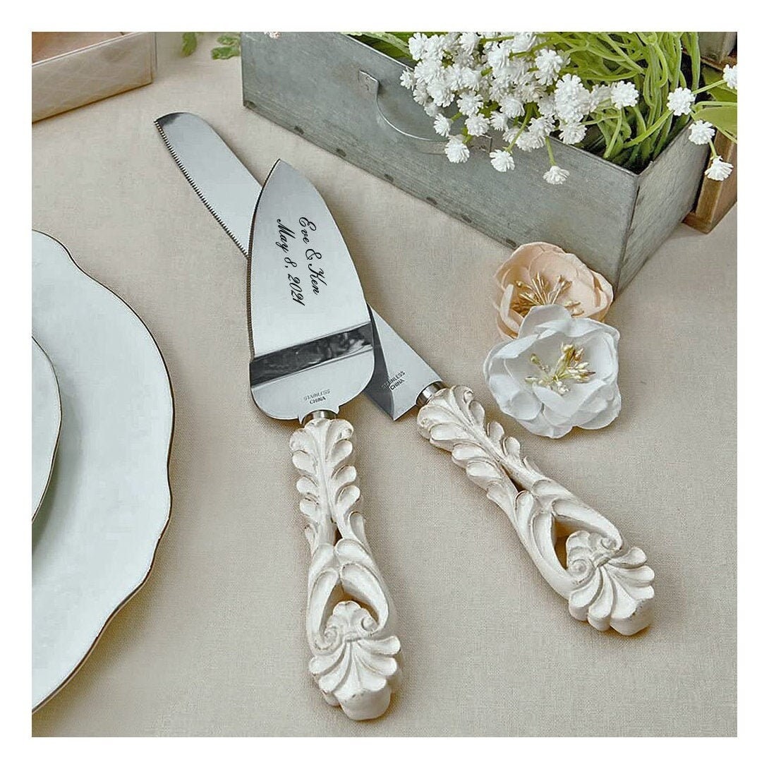 Personalized Wedding CAKE CUTTING SET Floral White Serving - Etsy