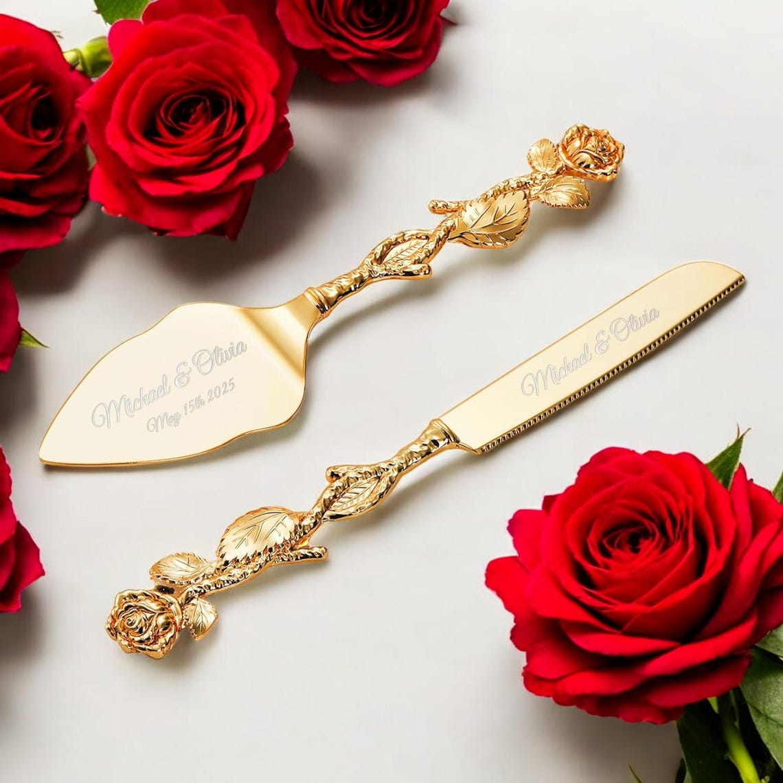Personalized Wedding CAKE CUTTING SET Gold Rose Garden Minimalist ...