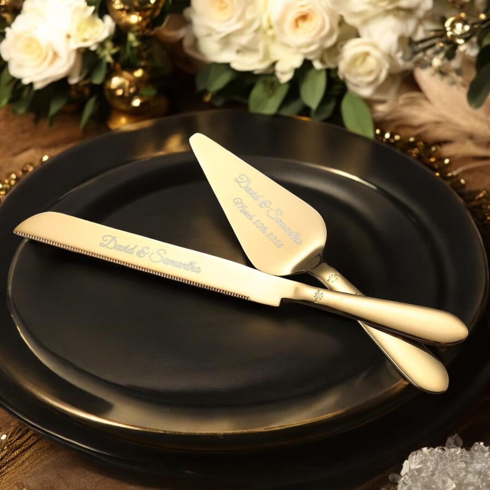 Personalized Wedding CAKE CUTTING SET Gold Silver Cutter Server Knife ...