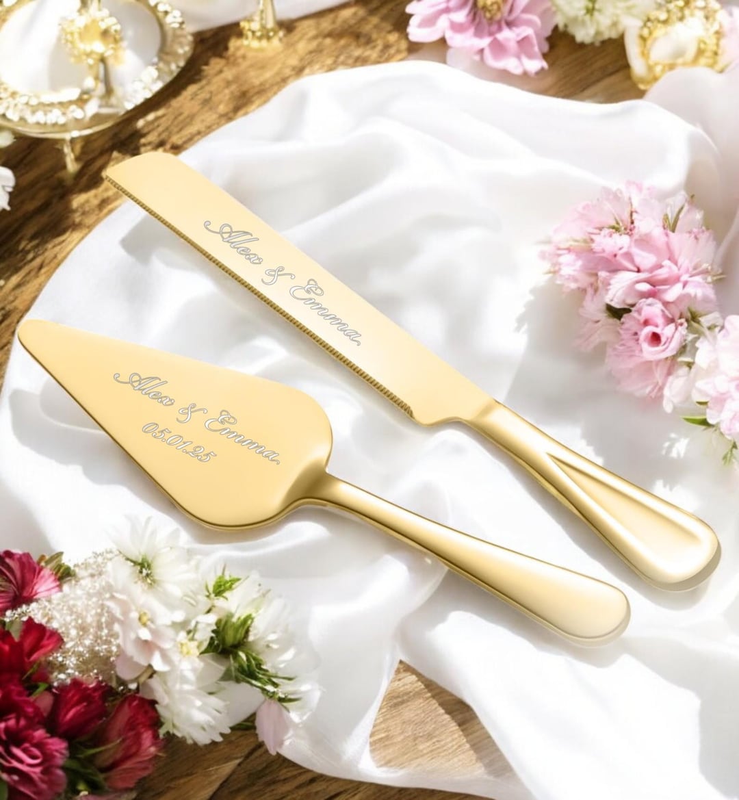 Personalized Wedding CAKE CUTTING SET Gold Silver Cutter Server Knife ...