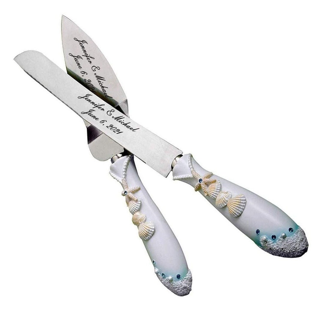 Personalized Wedding CAKE CUTTING SET Seashell Cutter Knife Serving ...
