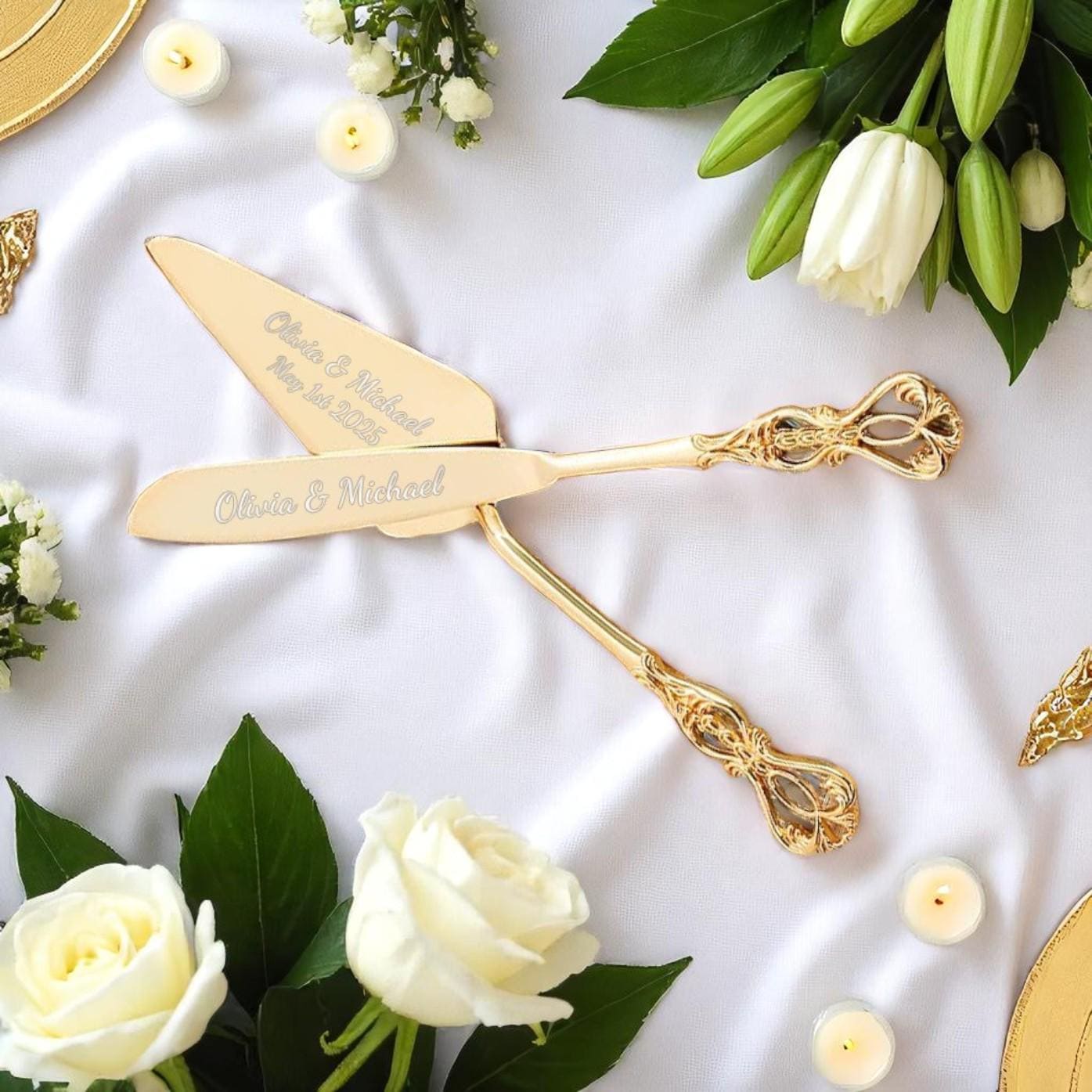 Personalized Wedding CAKE CUTTING SET Pearl White Bead Gold Knife Fork ...