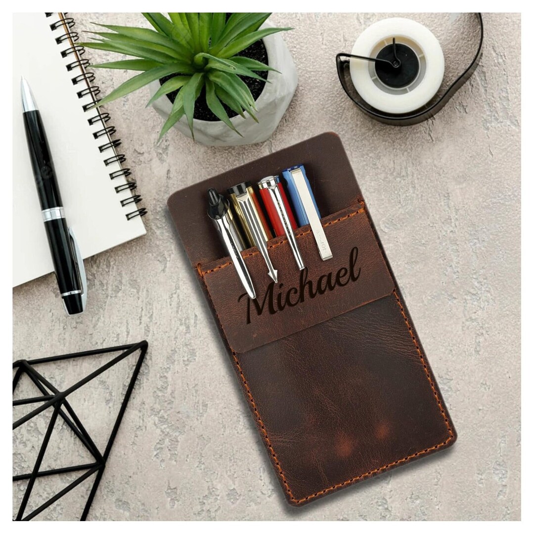 Personalized LEATHER POCKET PROTECTOR Pen Holder Accessories Birthday ...
