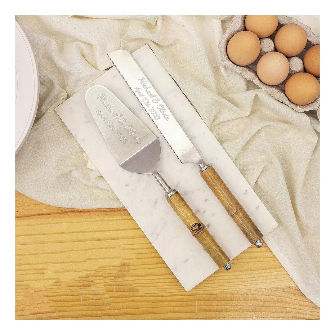 Personalized Wedding CAKE CUTTING SET Silver Bamboo Wood Cutter Knife ...