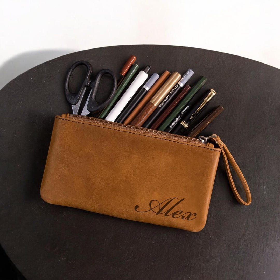 Personalized LEATHER PENCIL CASE & Zipper Pen Makeup Pouch Bag Cosmetic ...