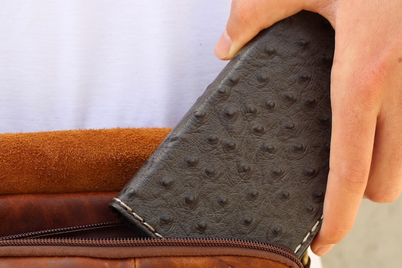 Vintage Grey Ostrich Leather Galaxy Case – Handmade Wallet With White ...