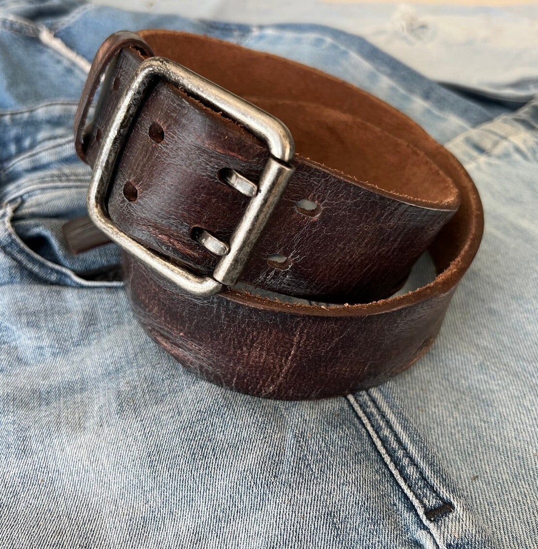 Genuine Vintage Wash Leather Belt Man Woman Waist Handmade Classic Dark ...