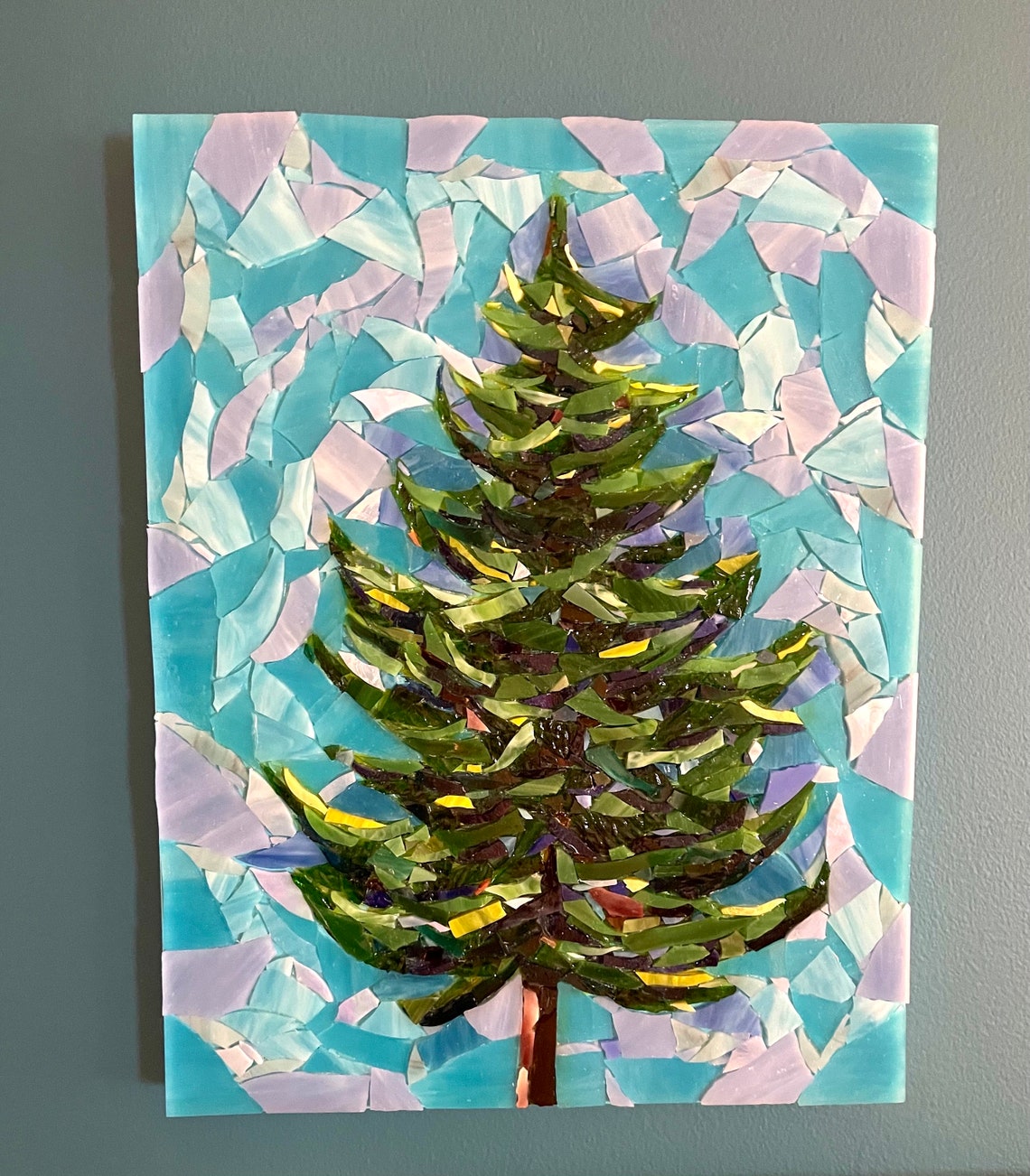 Pine Tree Mosaic Wall Art Original, One of a Kind Blue and Green ...