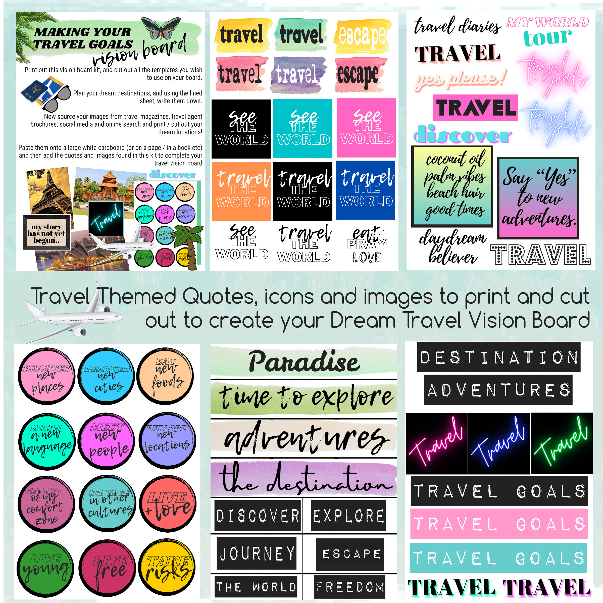 Travel Goals Vision Board Kit - Printable Vision Board Quotes and ...
