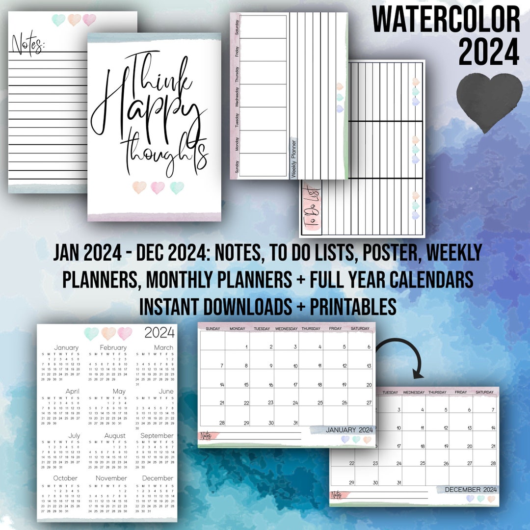 2024 Watercolor Printable Calendar and Planners / 12 Month Planner ...