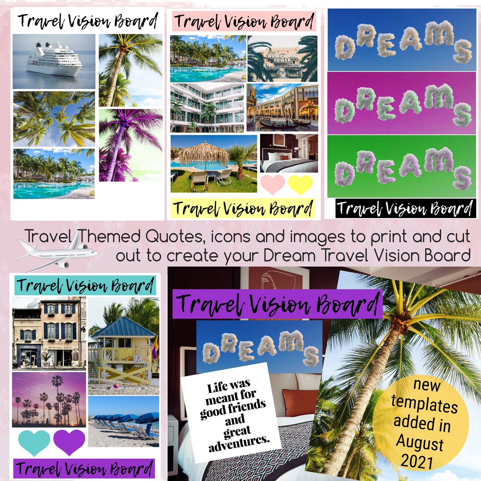 Travel Goals Vision Board Kit - Printable Vision Board Quotes and ...