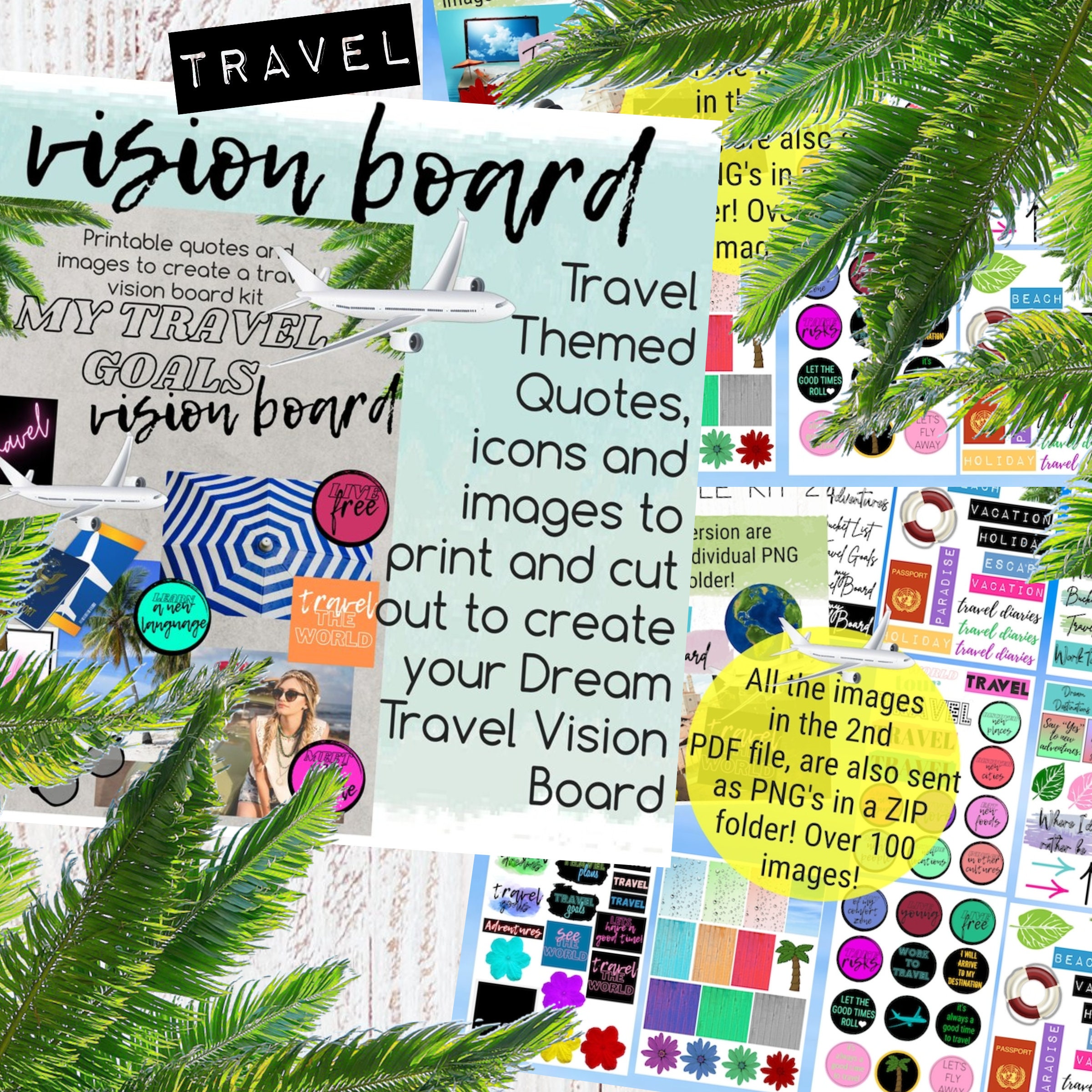 Travel Goals Vision Board Kit - Printable Vision Board Quotes and ...