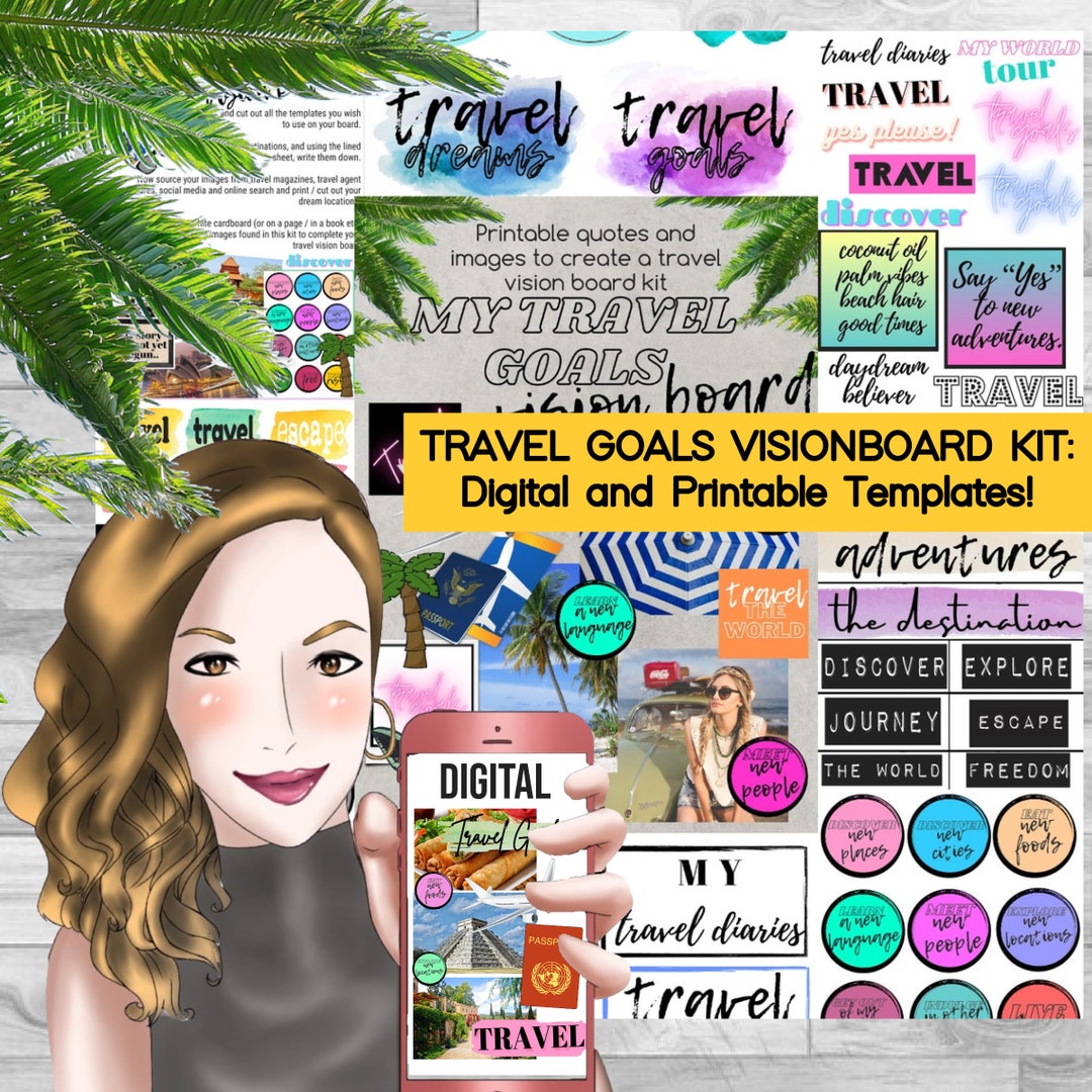 Travel Goals Vision Board Kit - Printable Vision Board Quotes and ...