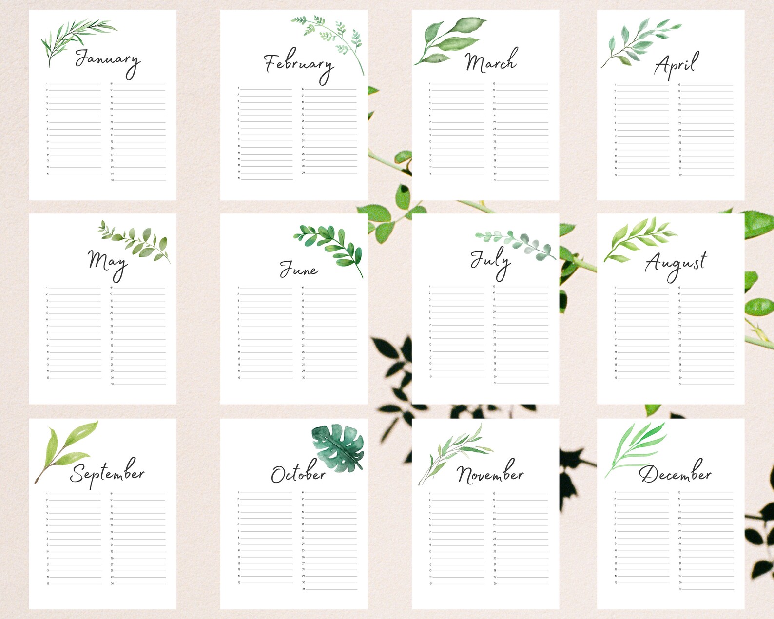 Printable Birthday Calendar, Birthday Calendar Watercolor Greenery ...