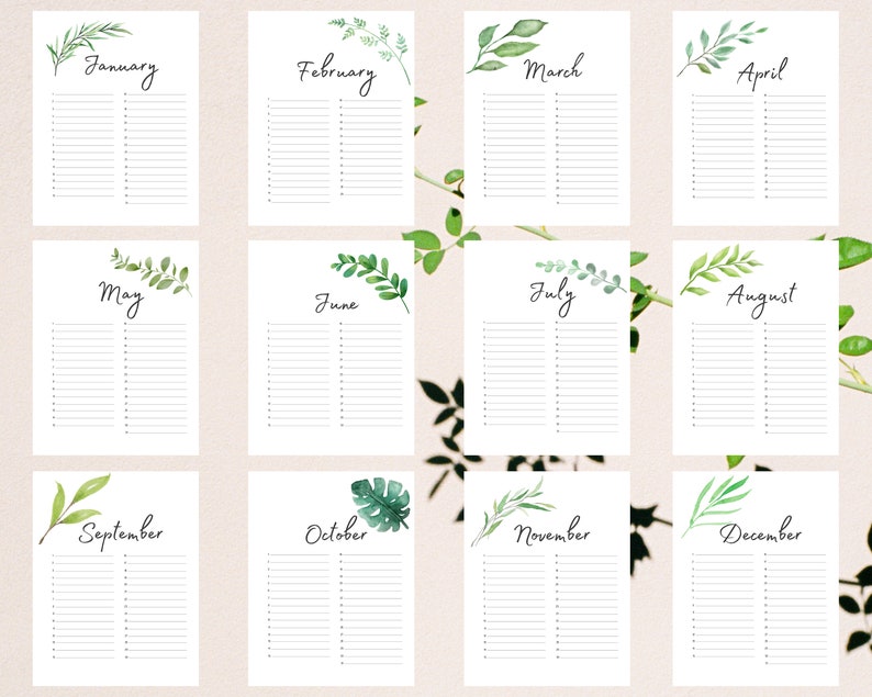 Printable Birthday Calendar, Birthday Calendar Watercolor Greenery ...