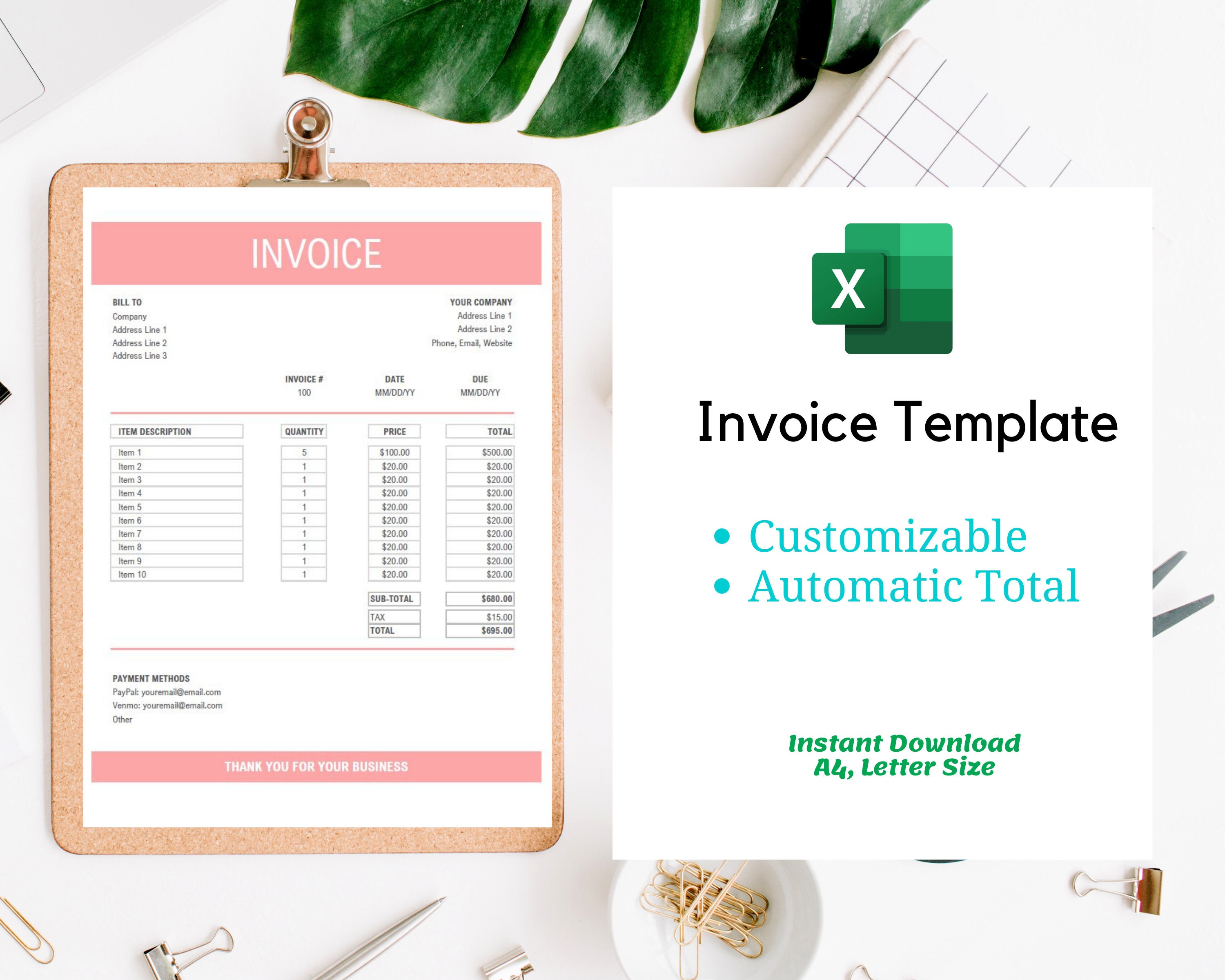 Invoice Template Pink, Business Invoice Spreadsheet, Excel Invoice ...