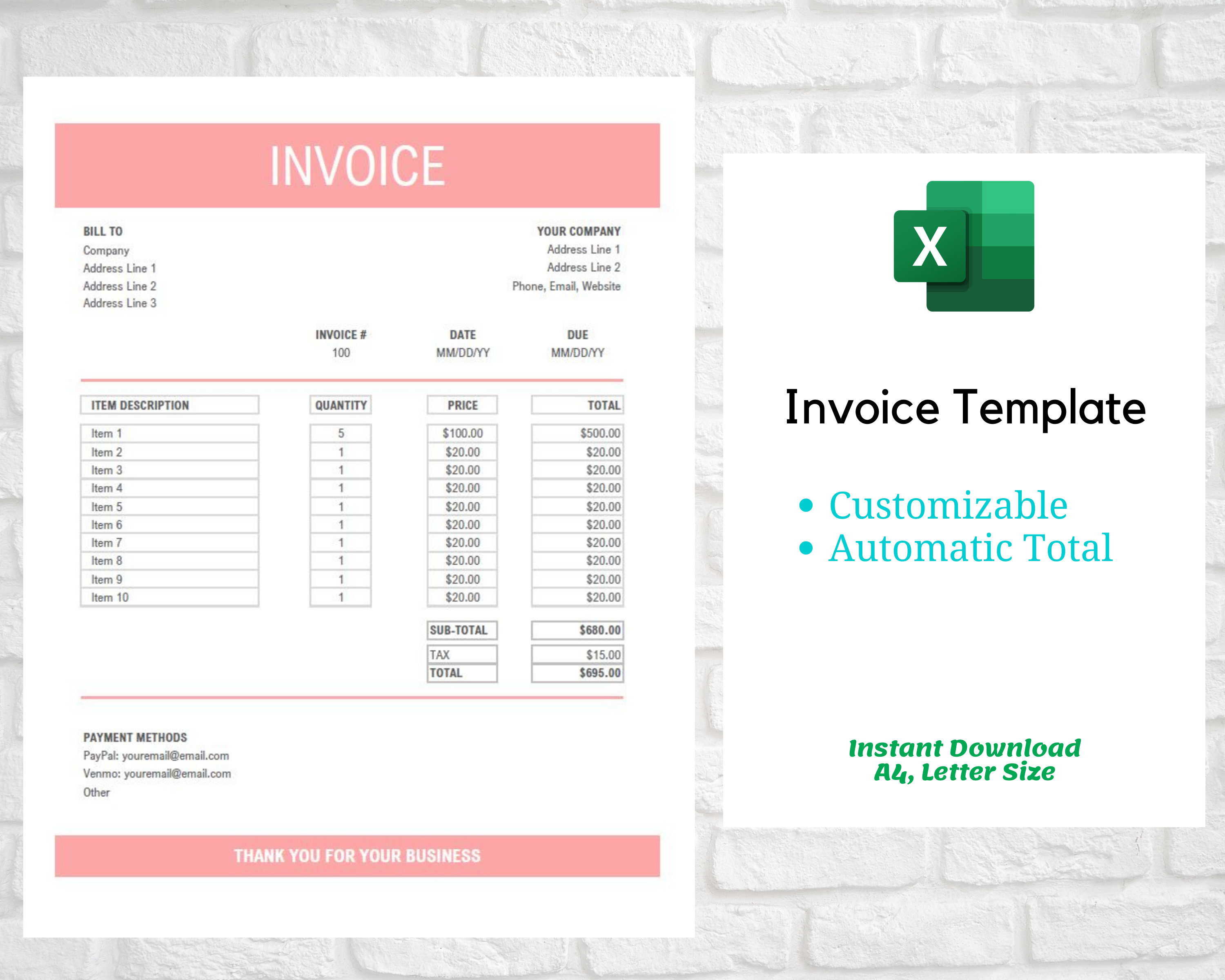 Invoice Template Pink, Business Invoice Spreadsheet, Excel Invoice ...