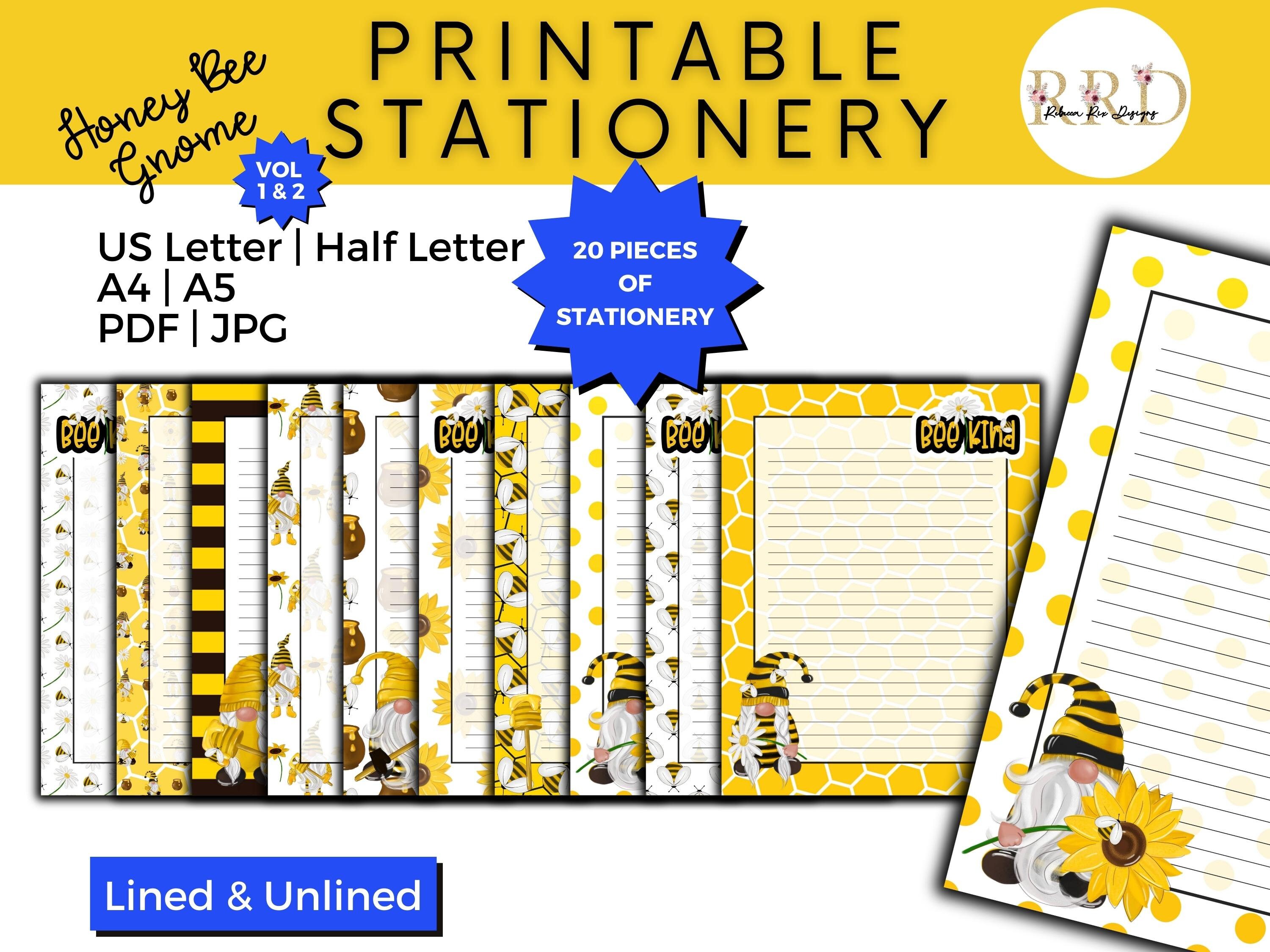Honey Bee Gnome Stationery: Printable Writing Paper (digital Download ...