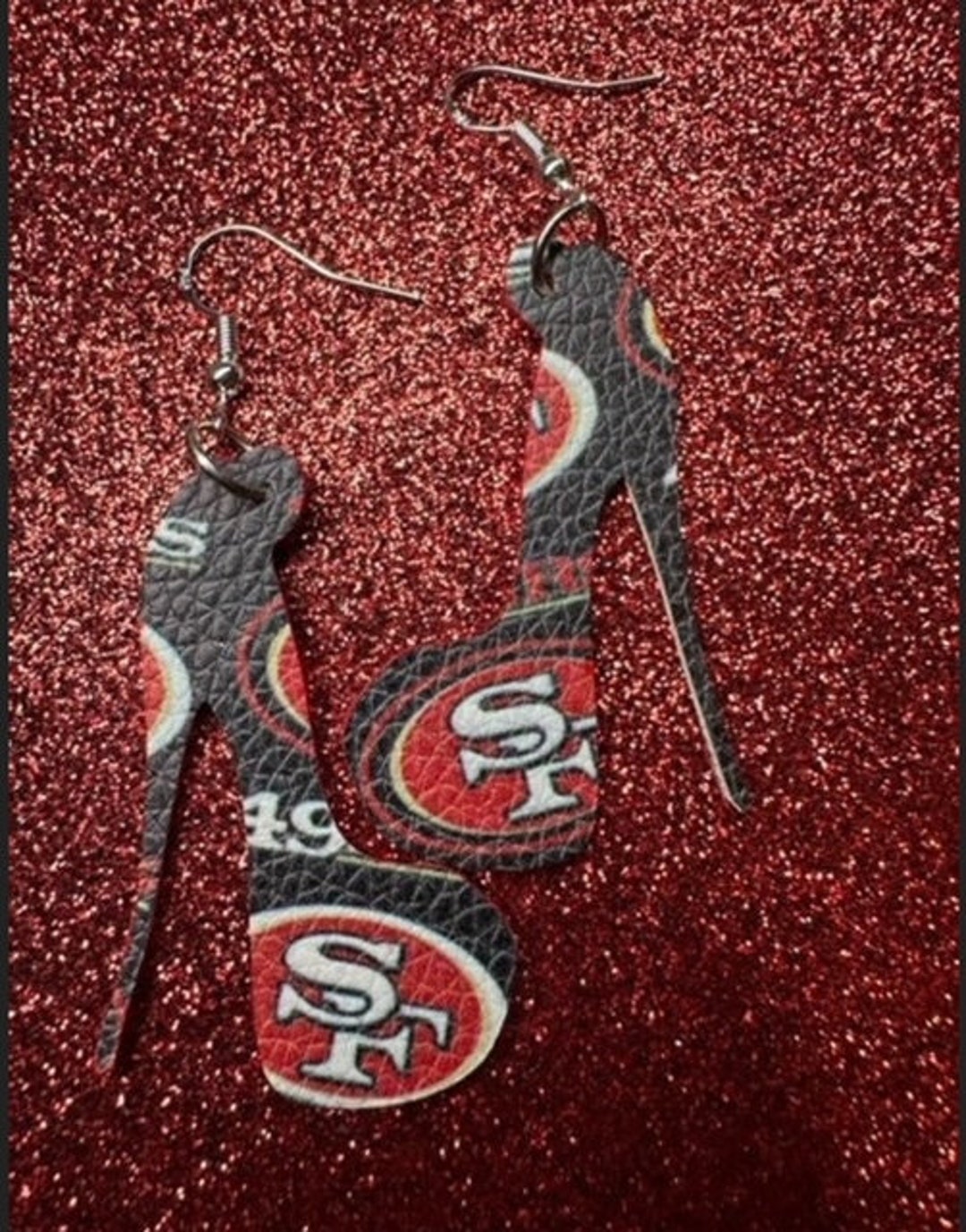 49ers High Heel Earrings: SF Black Logo, Red Sparkle - Game Day Jewelry ...