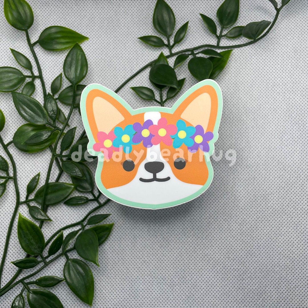 Corgi Red Spring Flowers Crown Dog Puppy Matte Vinyl Kawaii Sticker ...