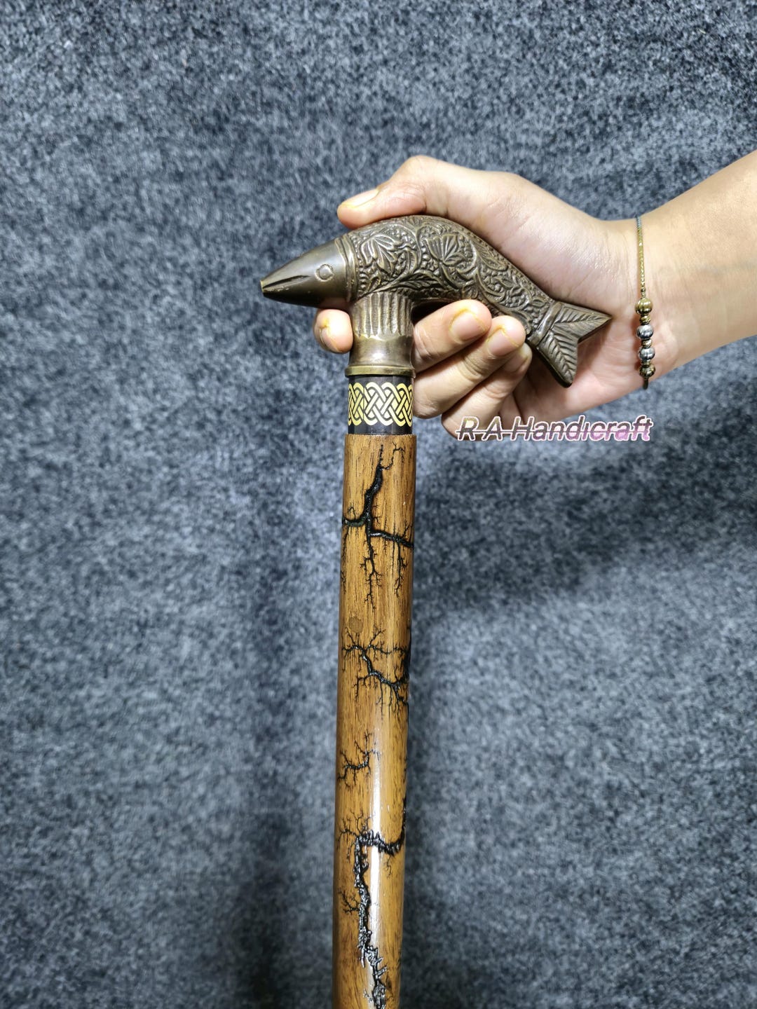 Hand-carved Wooden Walking Cane: Brass Fish Handle, Designer Hiking ...