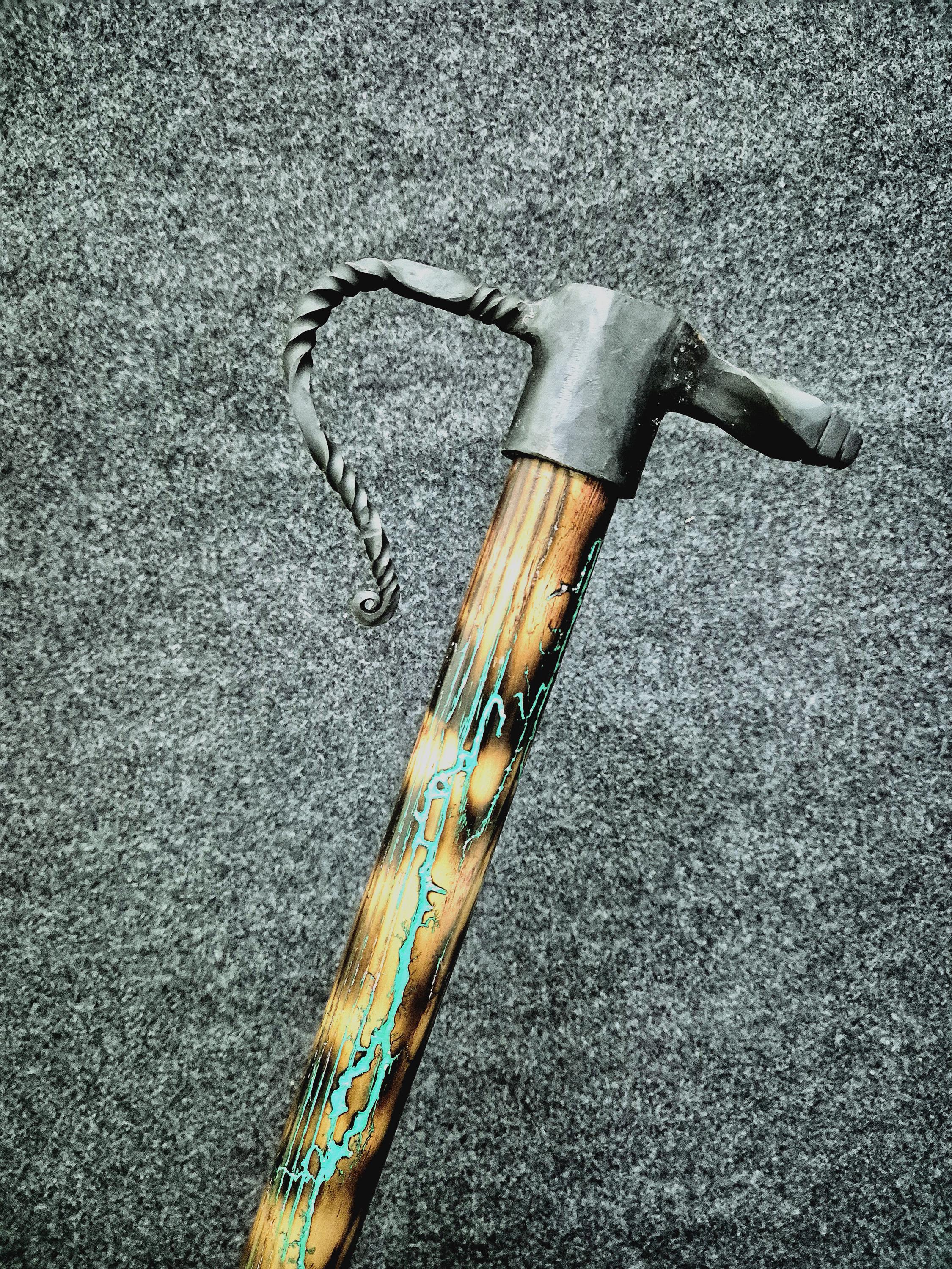 Hand Carved Wooden Walking Cane: Black Iron Hetman Handle, Green Design ...