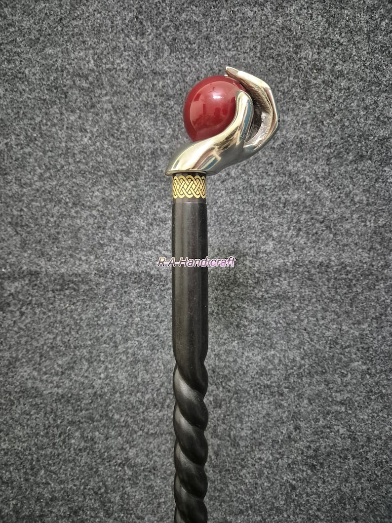 Brass Handle Walking Cane: Hand Holding Red Ball, Wooden Stick - Etsy