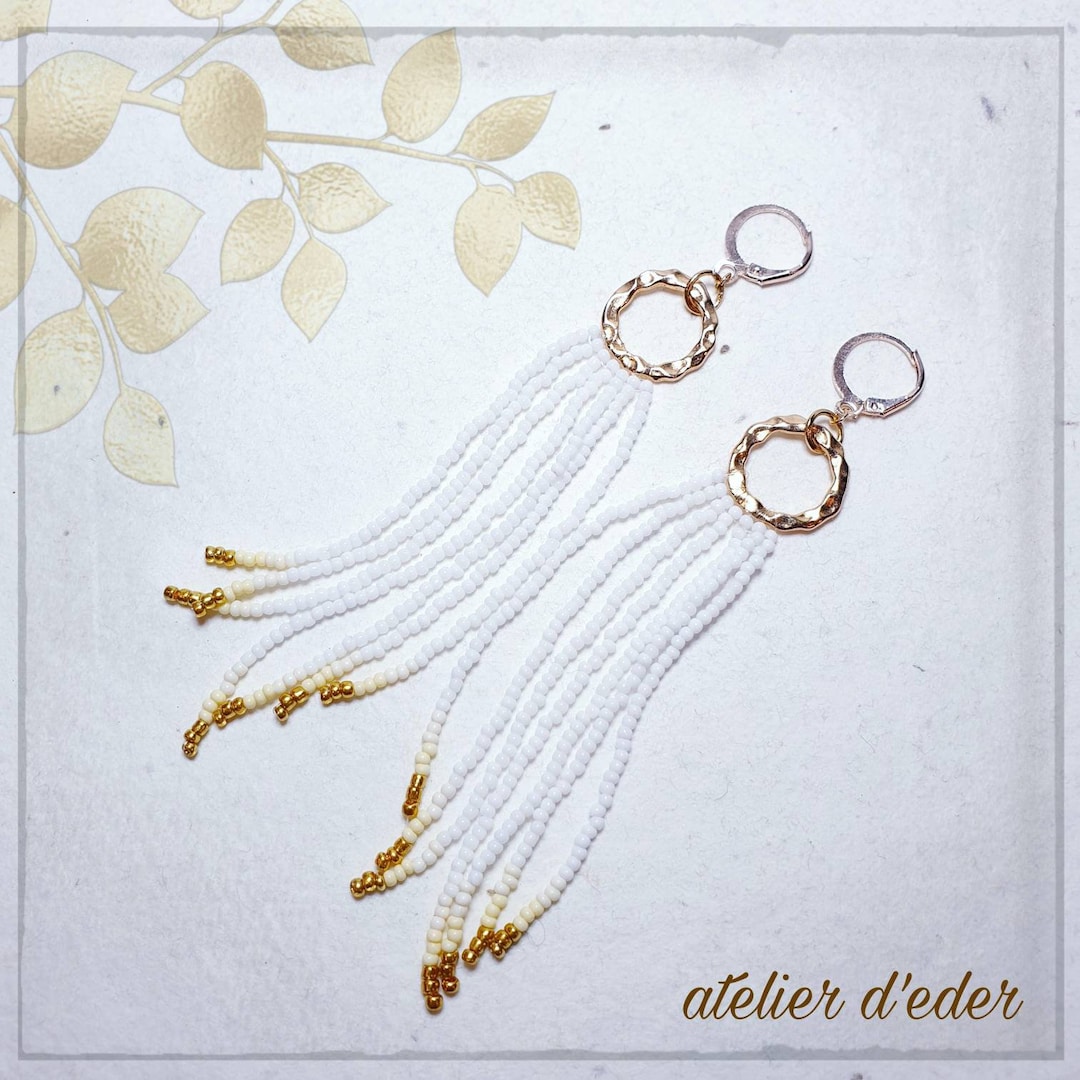 Handmade White Fantasy Earrings Original Unique Miyuki Fringe Earrings ...