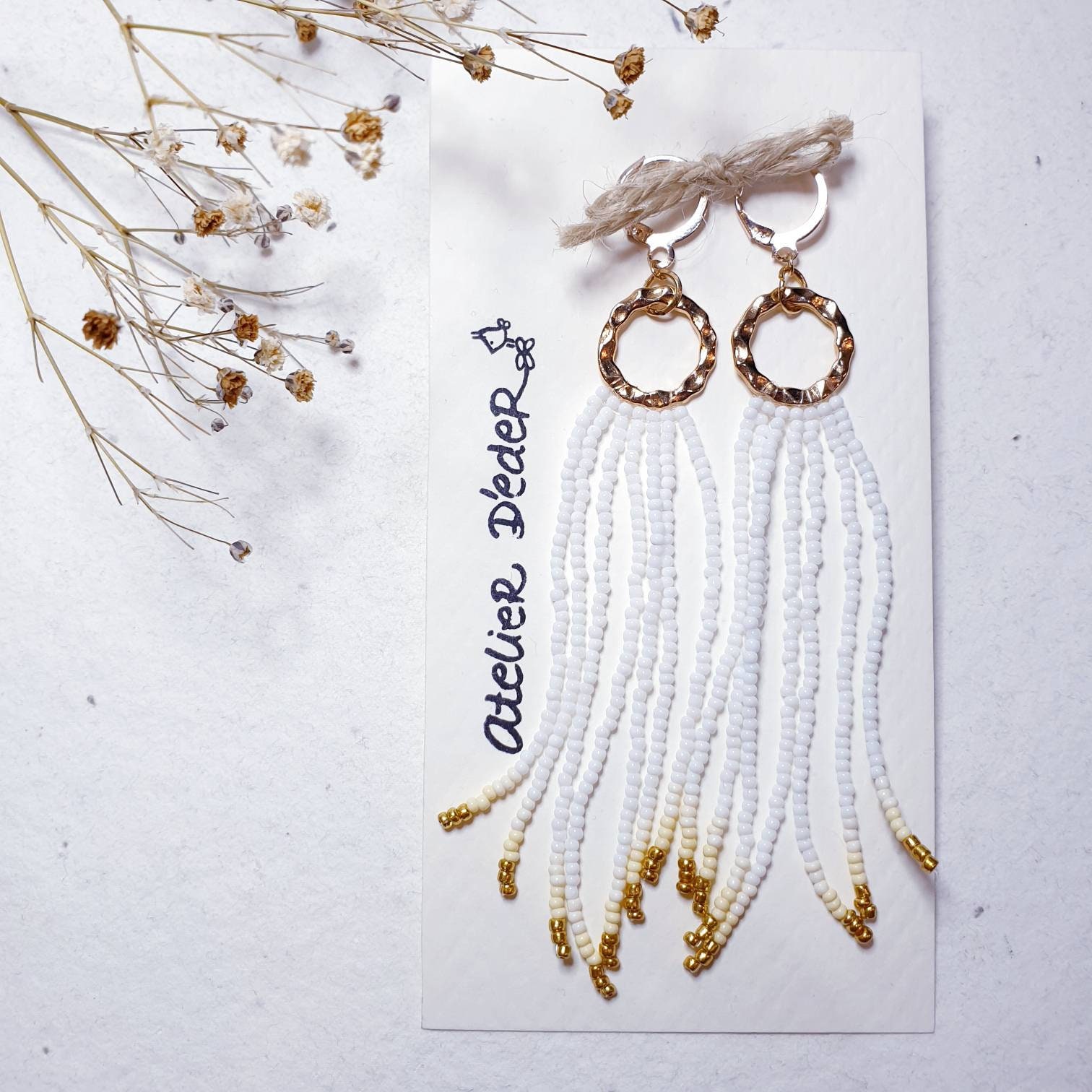Handmade White Fantasy Earrings Original Unique Miyuki Fringe Earrings ...