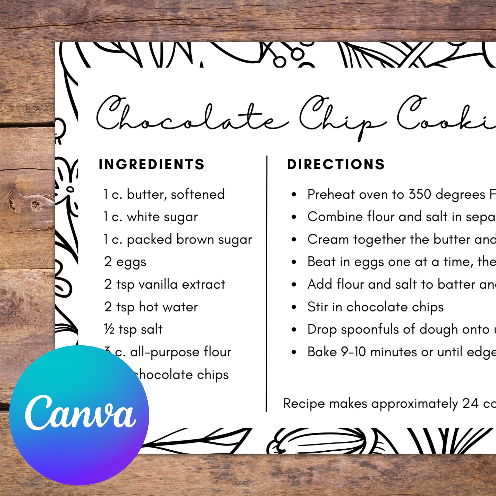 Flower Border Recipe Card Template Editable Canva Template 5 - Etsy