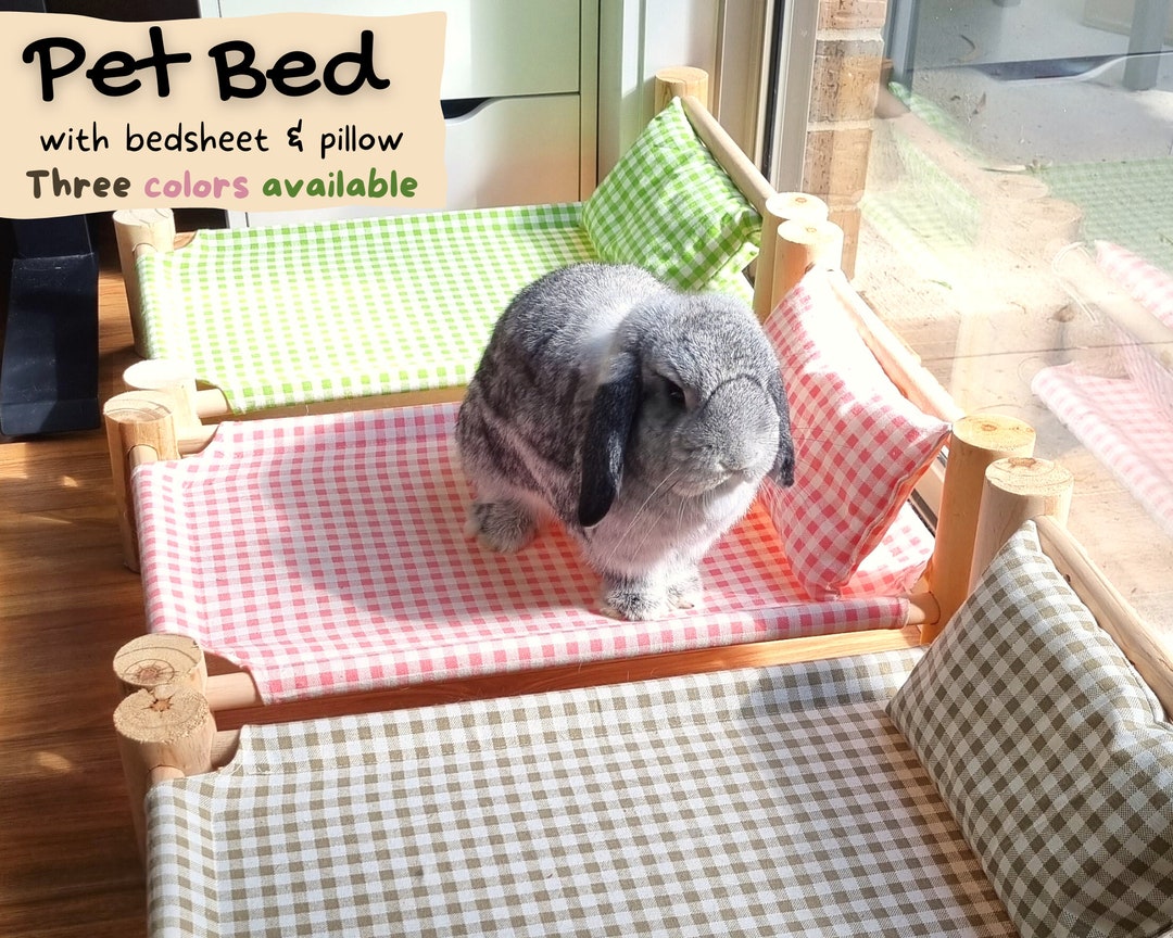 Rabbit Bunny Pet Bed, Wooden Bed With Pillow and Bedsheet Set, Multi ...