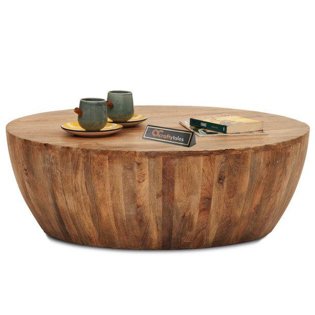29.5 Inch Mango Wood Coffee Table, Round Coffee Table, Wood Drum Coffee ...