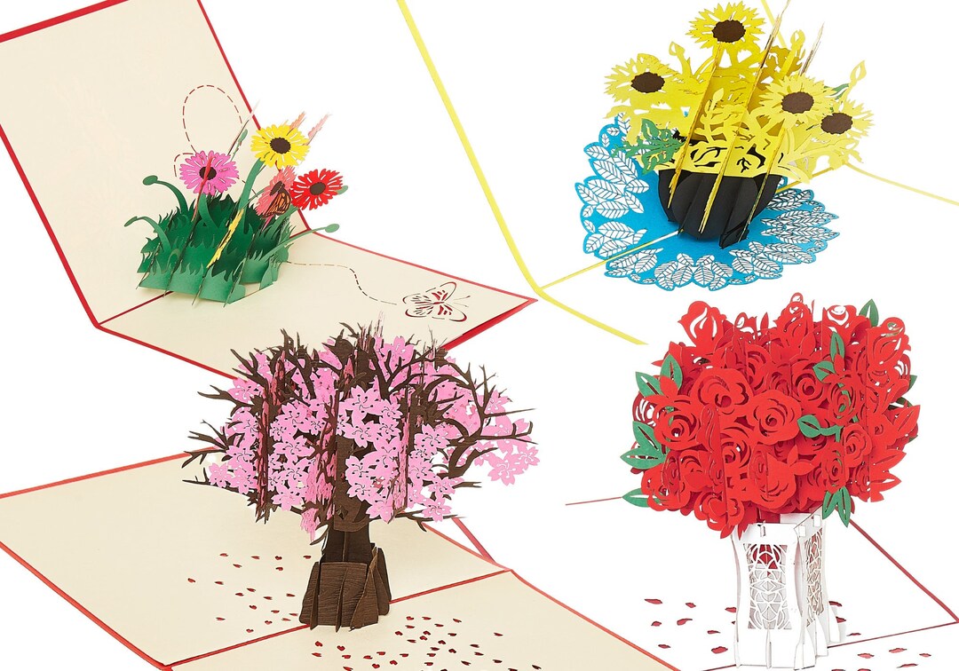 Flower Handmade Pop up Cards (collection of 4), Cherry Blossom/red Rose ...