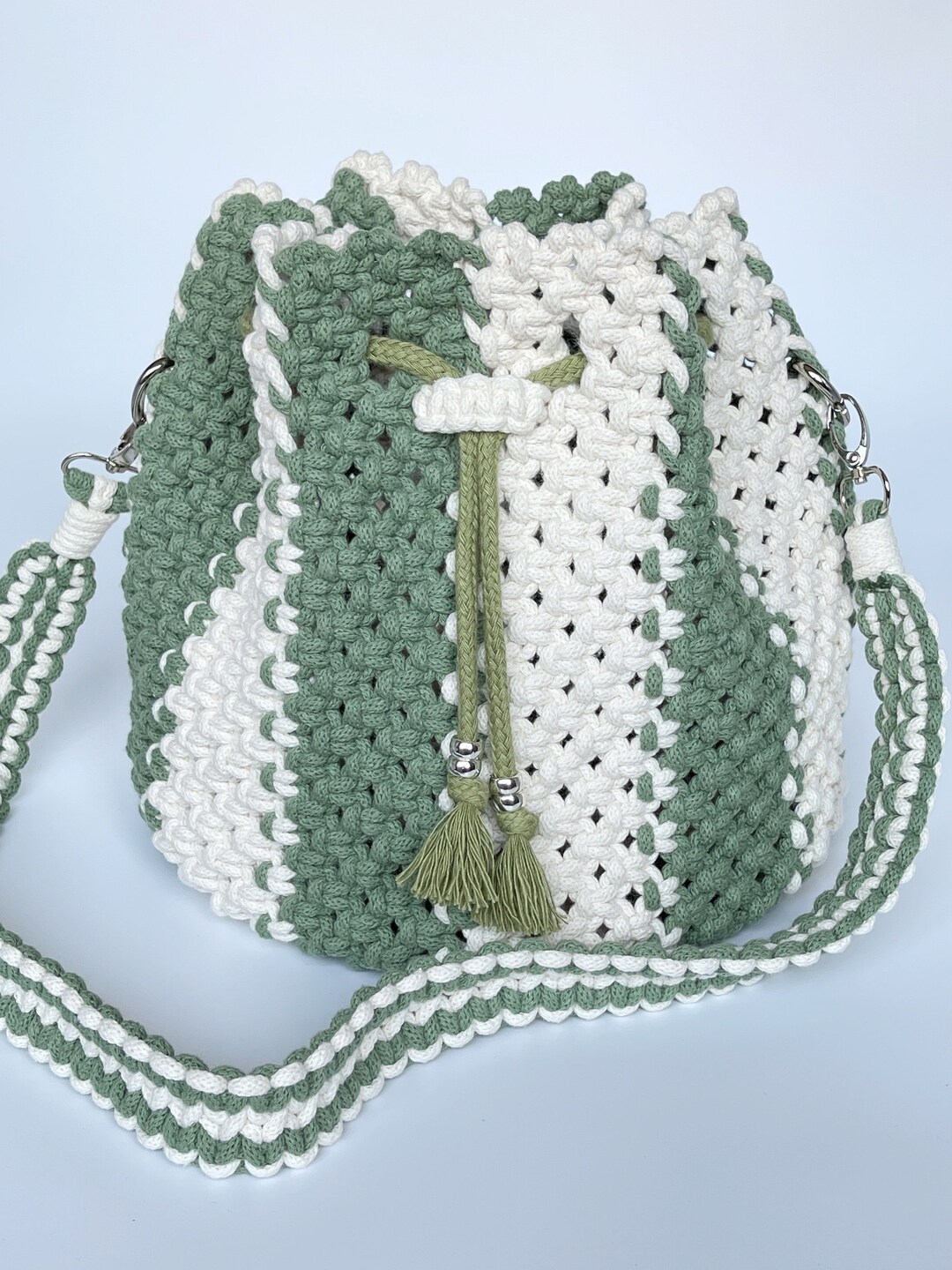 Sage Green Macrame Bucket Bag, Handmade Macrame Boho Drawstring Bag ...