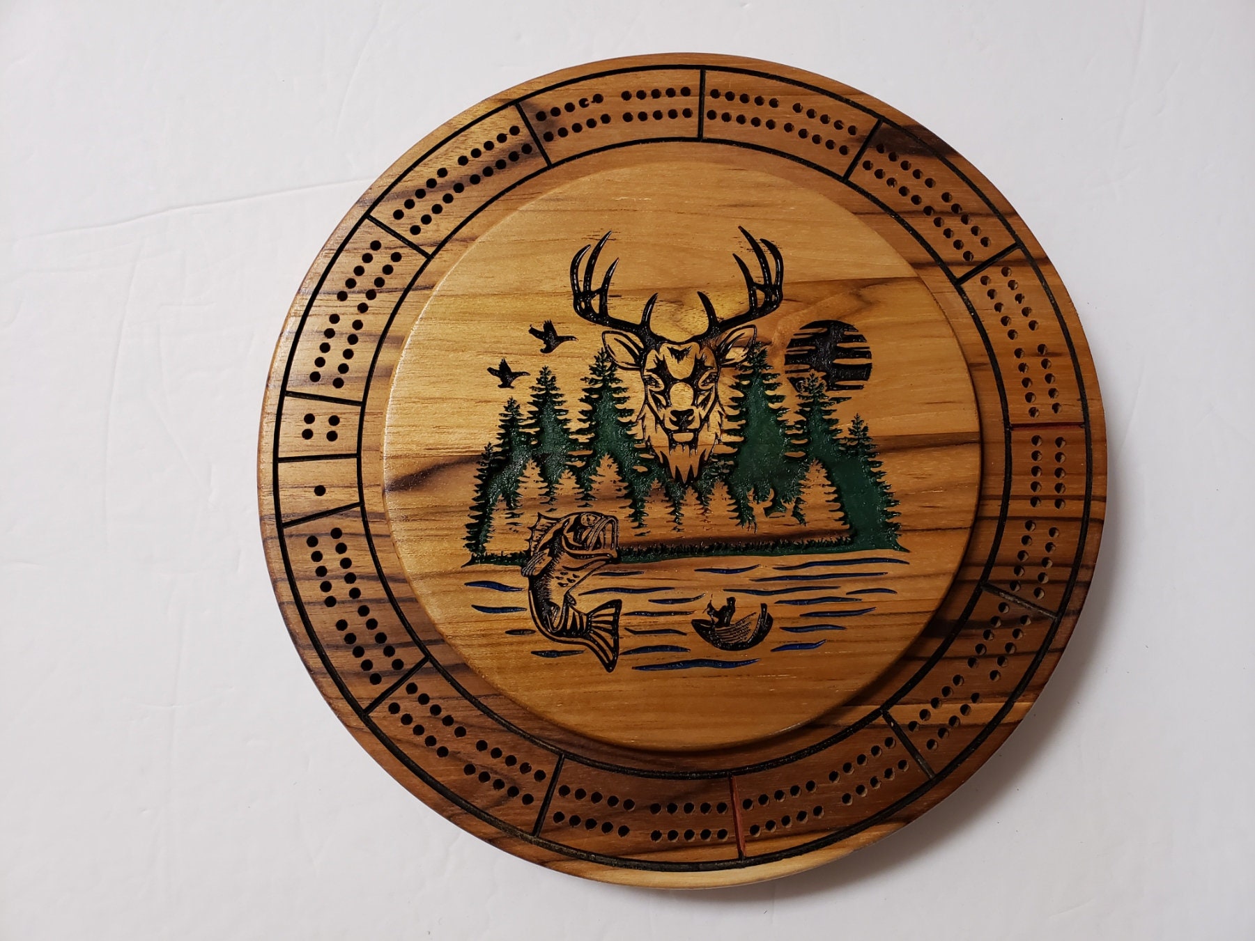 Outdoor Hunting and Fishing Cribbage Board, Teak or Maple 2, 3 or 4 ...