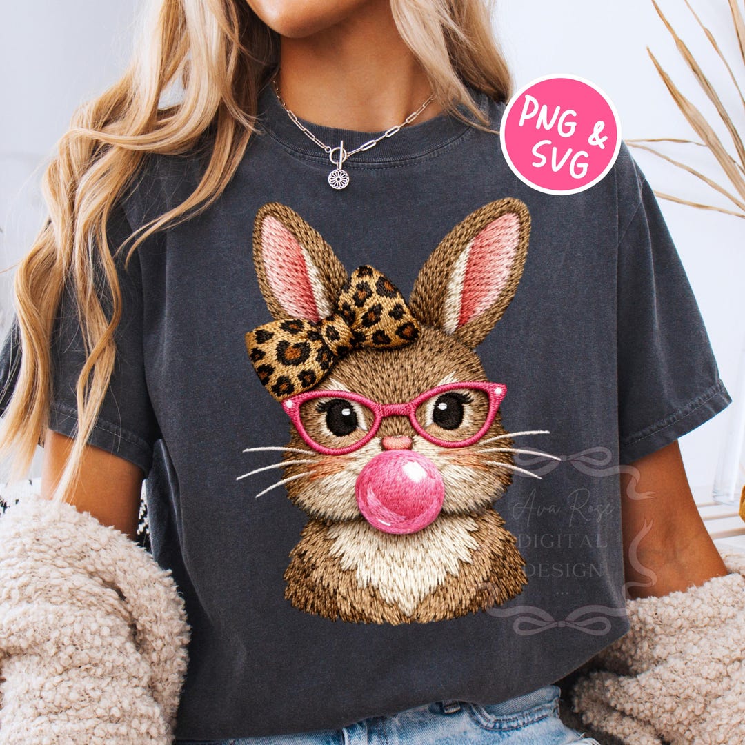 Leopard Print Easter Bunny PNG SVG, Trendy Faux Embroidery Shirt Design ...