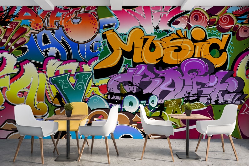 Music Life Art Graffiti Wallpaper Kid Wallpaper Peel and - Etsy
