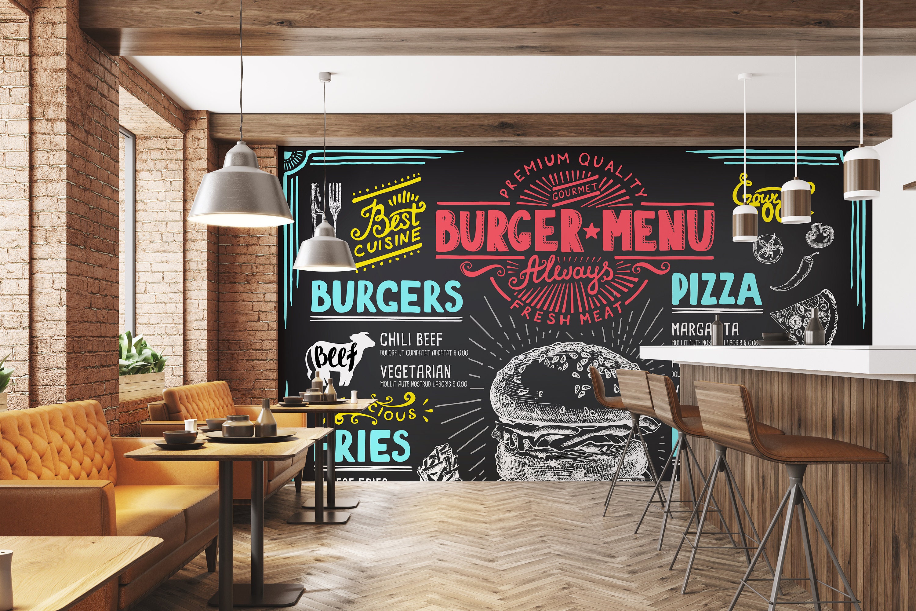 Vivid Burger Menu Wallpaper Peel and Stick Cafe Wallpaper - Etsy