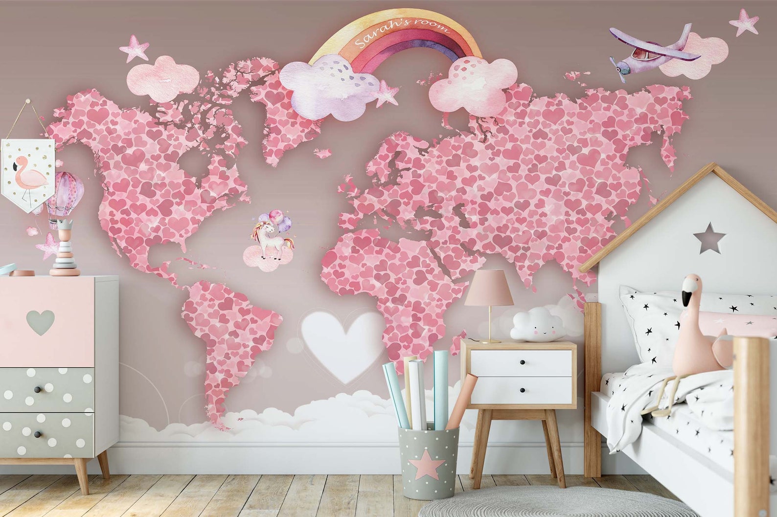 Girl Room Custom Pink Girl World Map Nursery Wallpaper Kids | Etsy