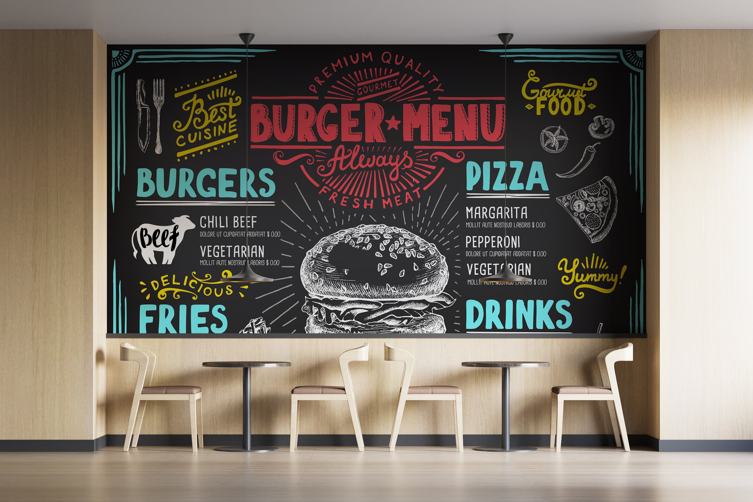 Vivid Burger Menu Wallpaper Peel and Stick Cafe Wallpaper - Etsy